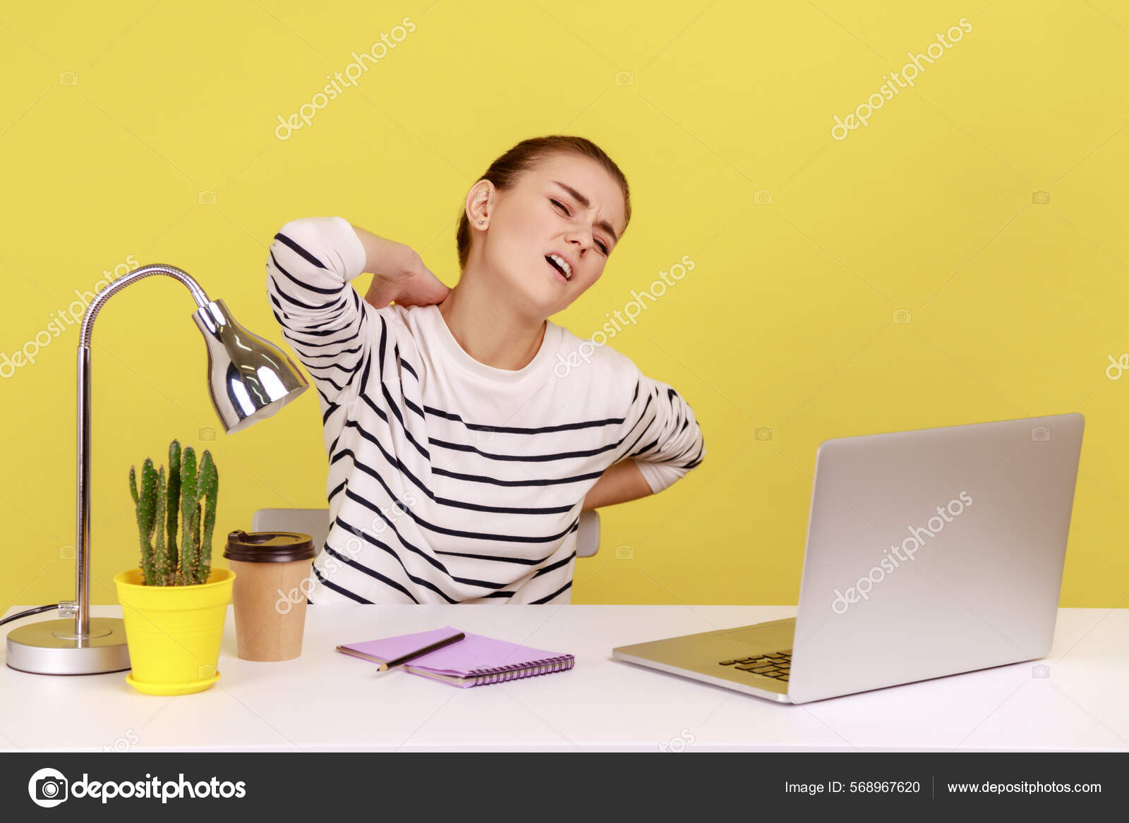 Exhausted Woman Office Worker Wearing Striped Shirt Sitting Workplace ...