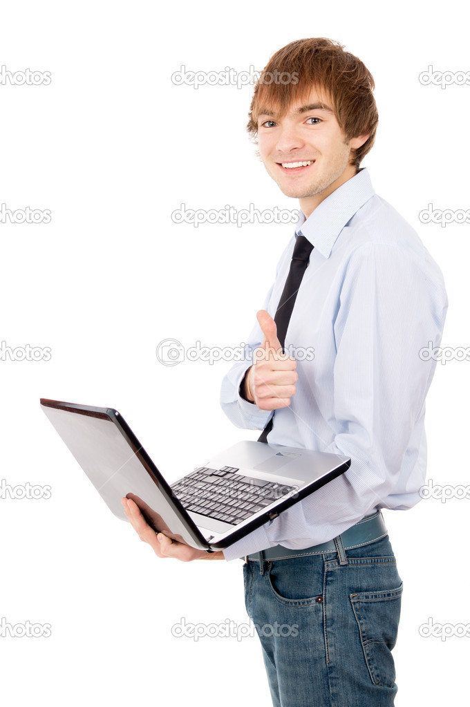 Cheerful guy running on a laptop, dressed in a shirt and tie — Stock ...
