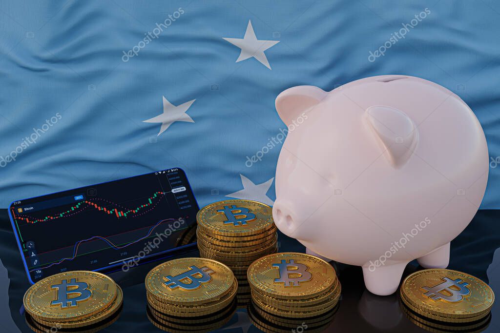 Bitcoin y criptomoneda de inversi n. Bandera de Micronesia en segundo plano. Hucha, el concepto ...