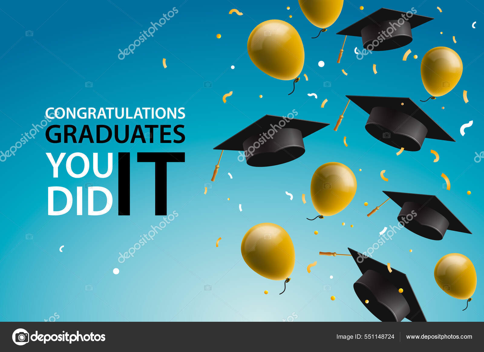 Happy graduation Class banner with flying graduation hats, balloons and ...