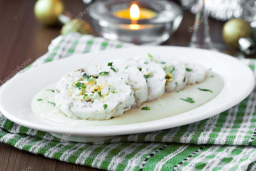 Roulade roll of white fish fillet cod stuffed with egg, sauce be Stock ...