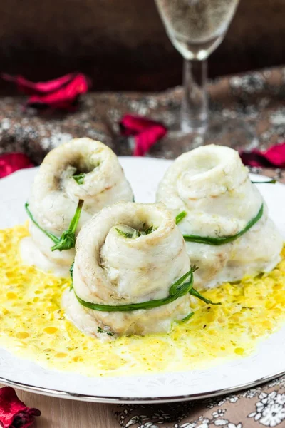 Roulade roll of white fish fillet cod stuffed with egg, sauce be Stock ...