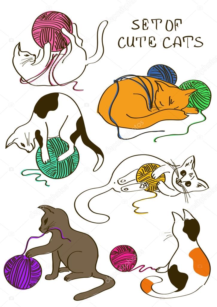Set of cats playing ball of yarn ⬇ Vector Image by © Annykos | Vector ...