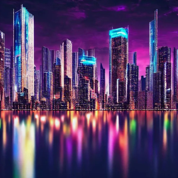 Night city, neon lights of the metropolis. Reflection of neon lights in ...