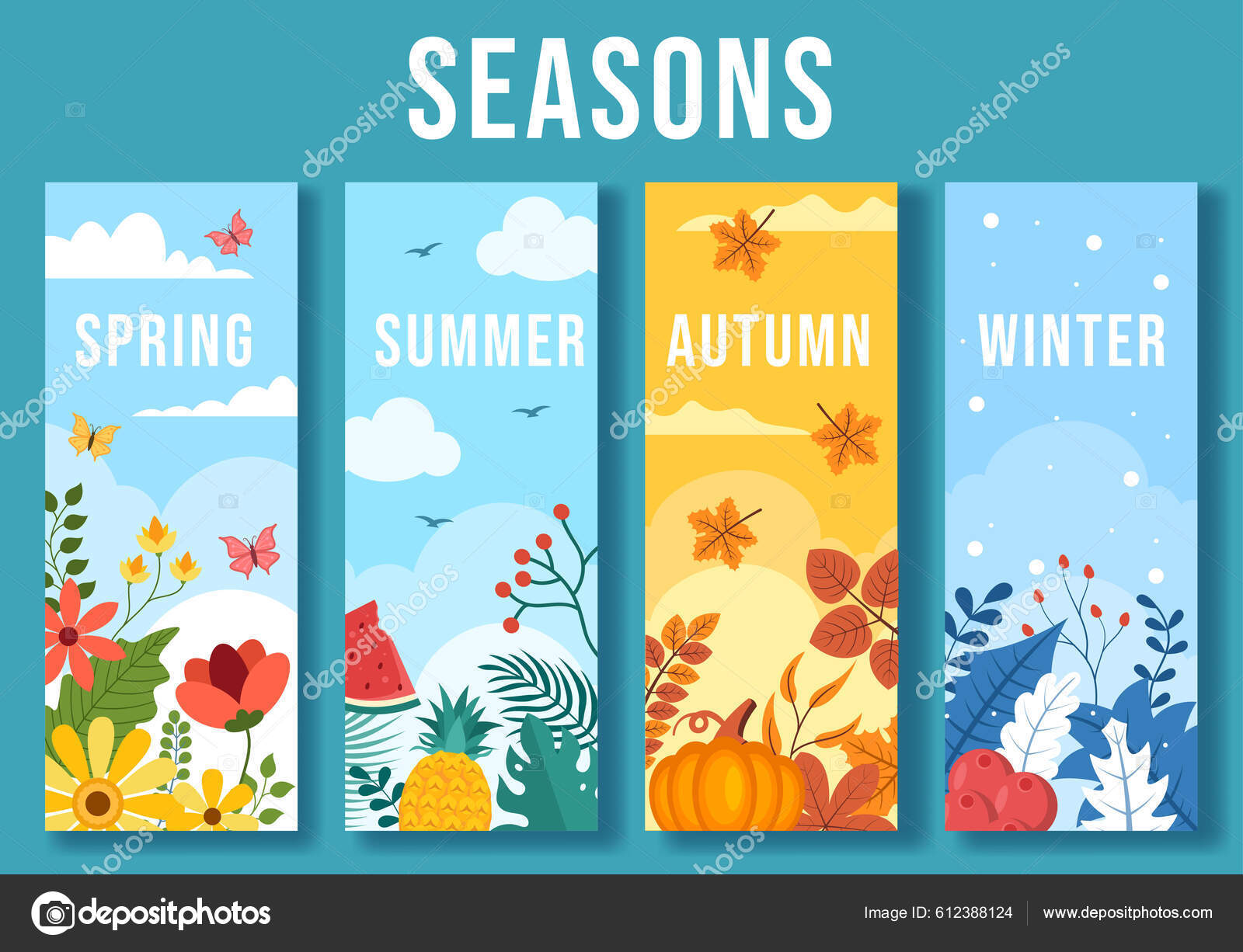 Paisaje Las Cuatro Estaciones Naturaleza Con Paisaje Primavera Verano Otoño Vector de stock ...