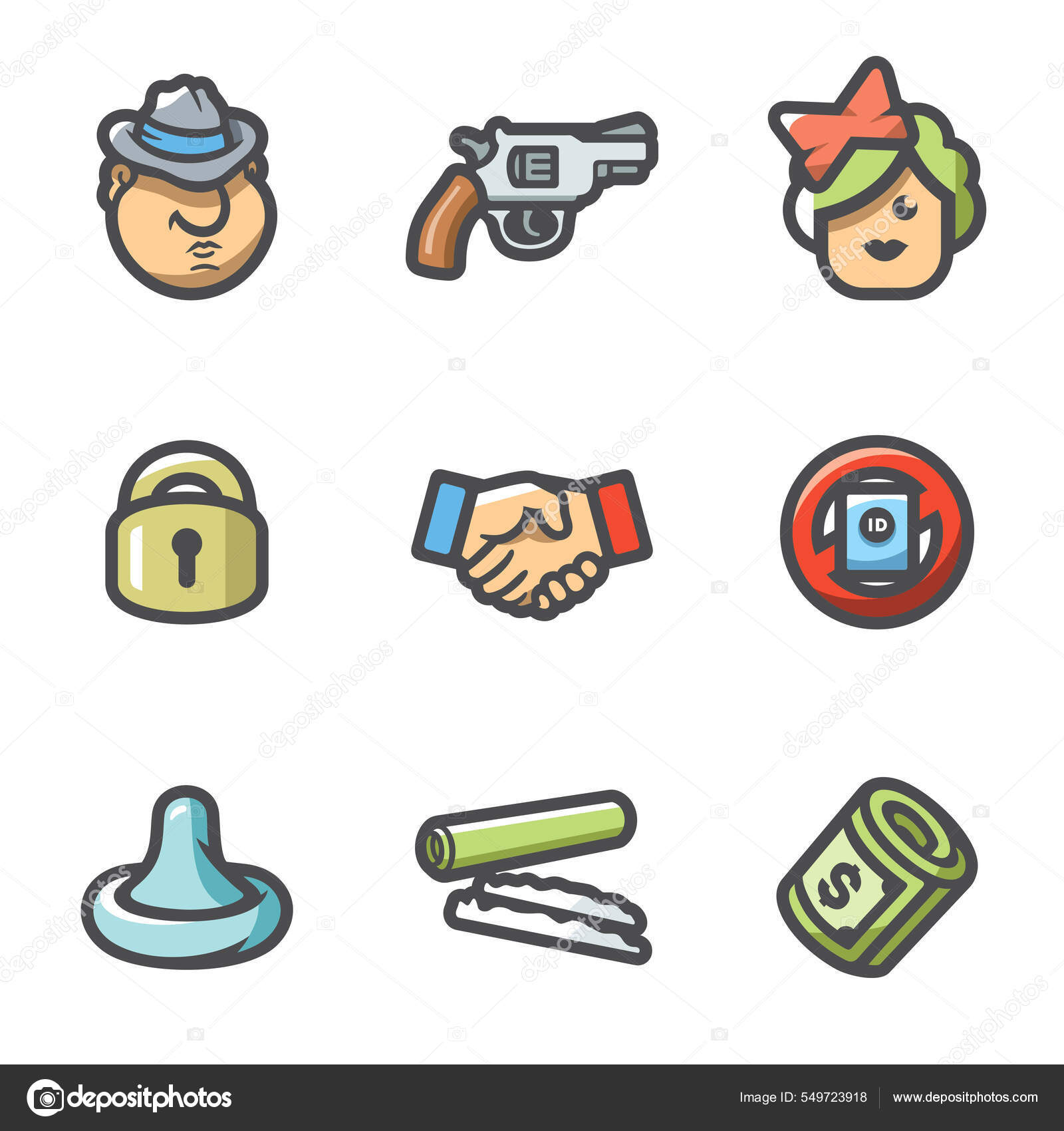 Crime and the slave trade icons set. Vector Illustration. Stock Vector ...