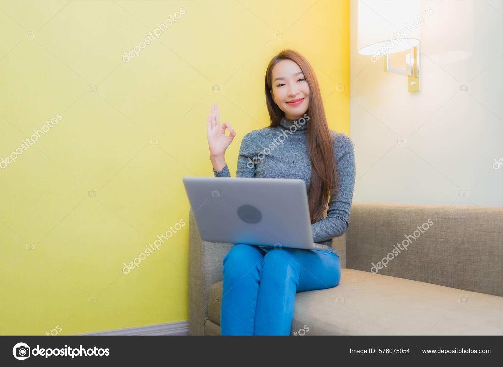 Portrait Beautiful Young Asian Woman Use Computer Laptop Sofa Living ...