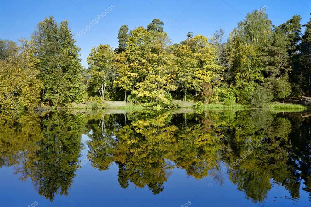 Symmetrical landscape with trees reflecting in lake in autumn — Stock ...
