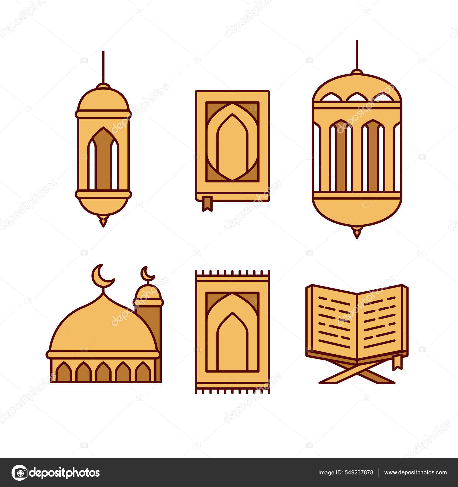 Yellow Gold Color Ramadan Icon Set Lantern Lamp Quran Book Stock ...