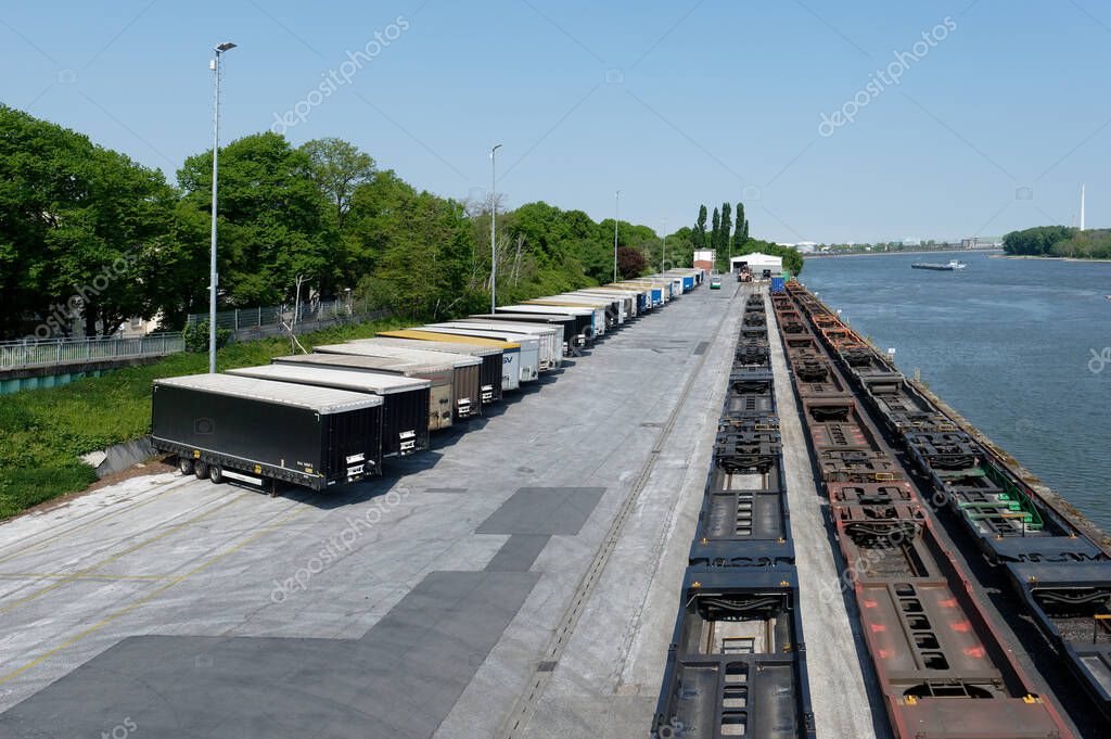 Cologne, Germany - May 03, 2022: truck semi-trailers waiting to be ...