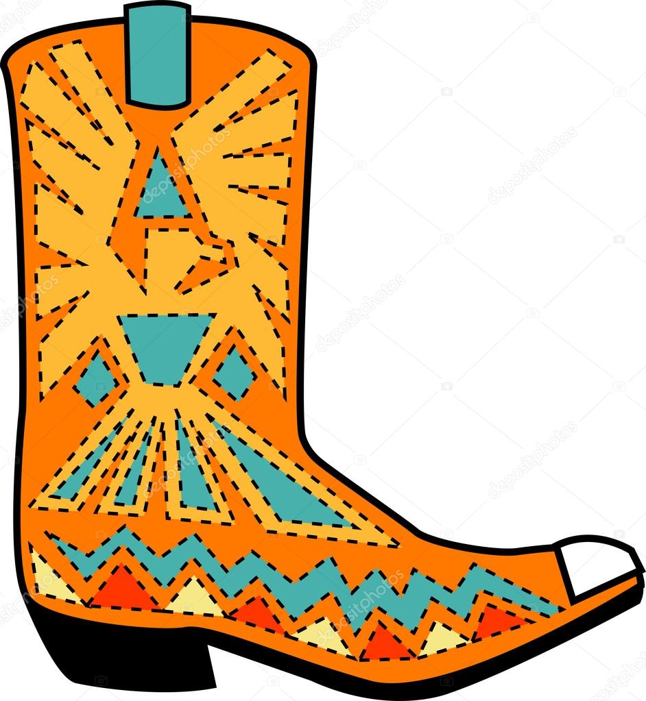 Orange aztec style cowboy boot with blue and yellow accents around a ...