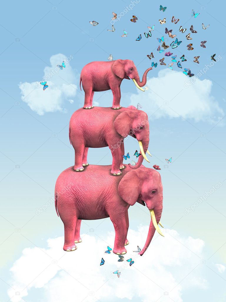 Three pink elephants in the clouds with butterflies Stock Photo by ...