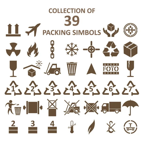 Vector packaging symbols on vector cardboard background. Shipping icon set including recycling ...