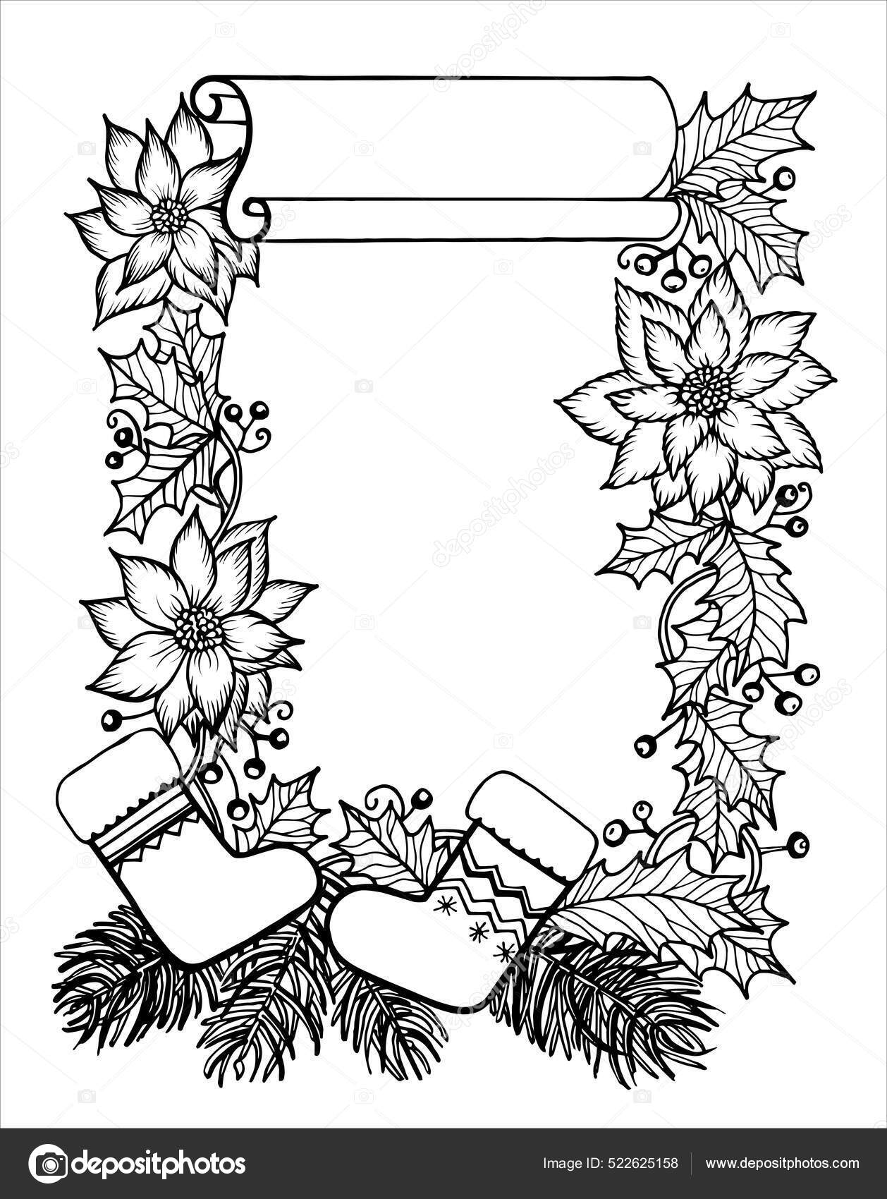 Christmas Coloring Page Frame Card Winter Elements Holly Flower Santa ...