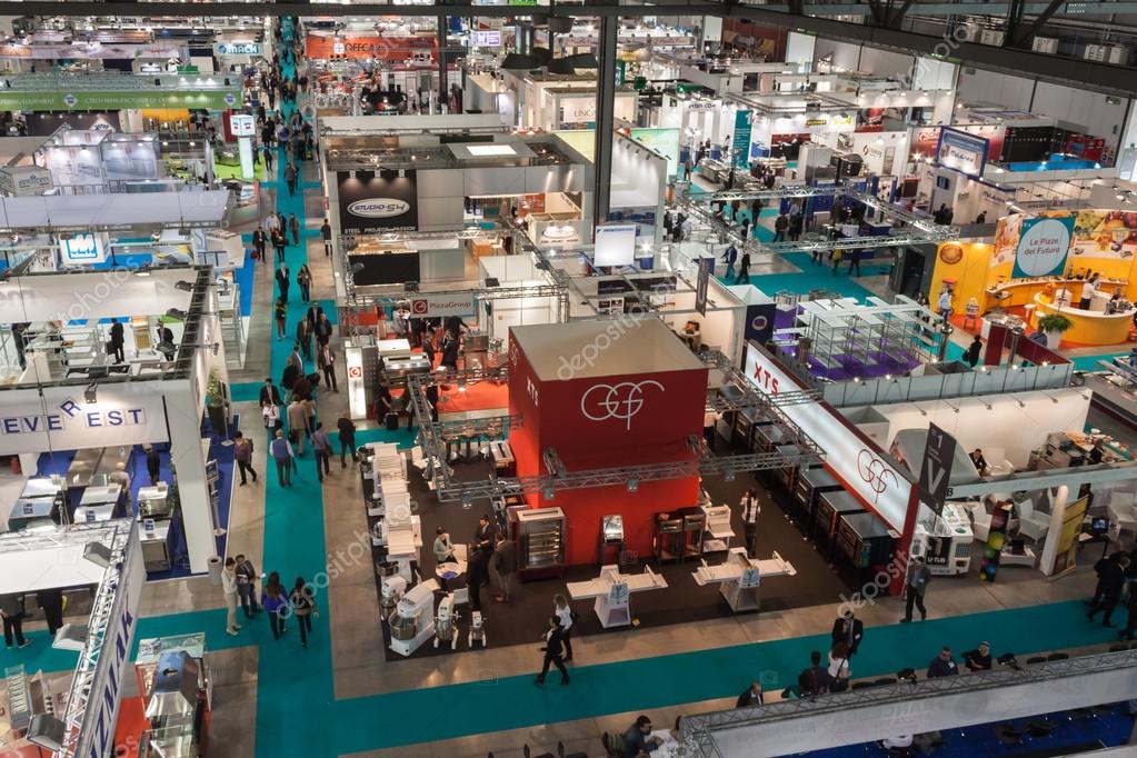 Top view of booths and people at Host 2013 in Milan, Italy – Stock ...