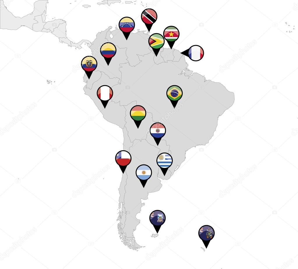 Banderas de los pa ses fijados en el mapa de Am rica del Sur 2024