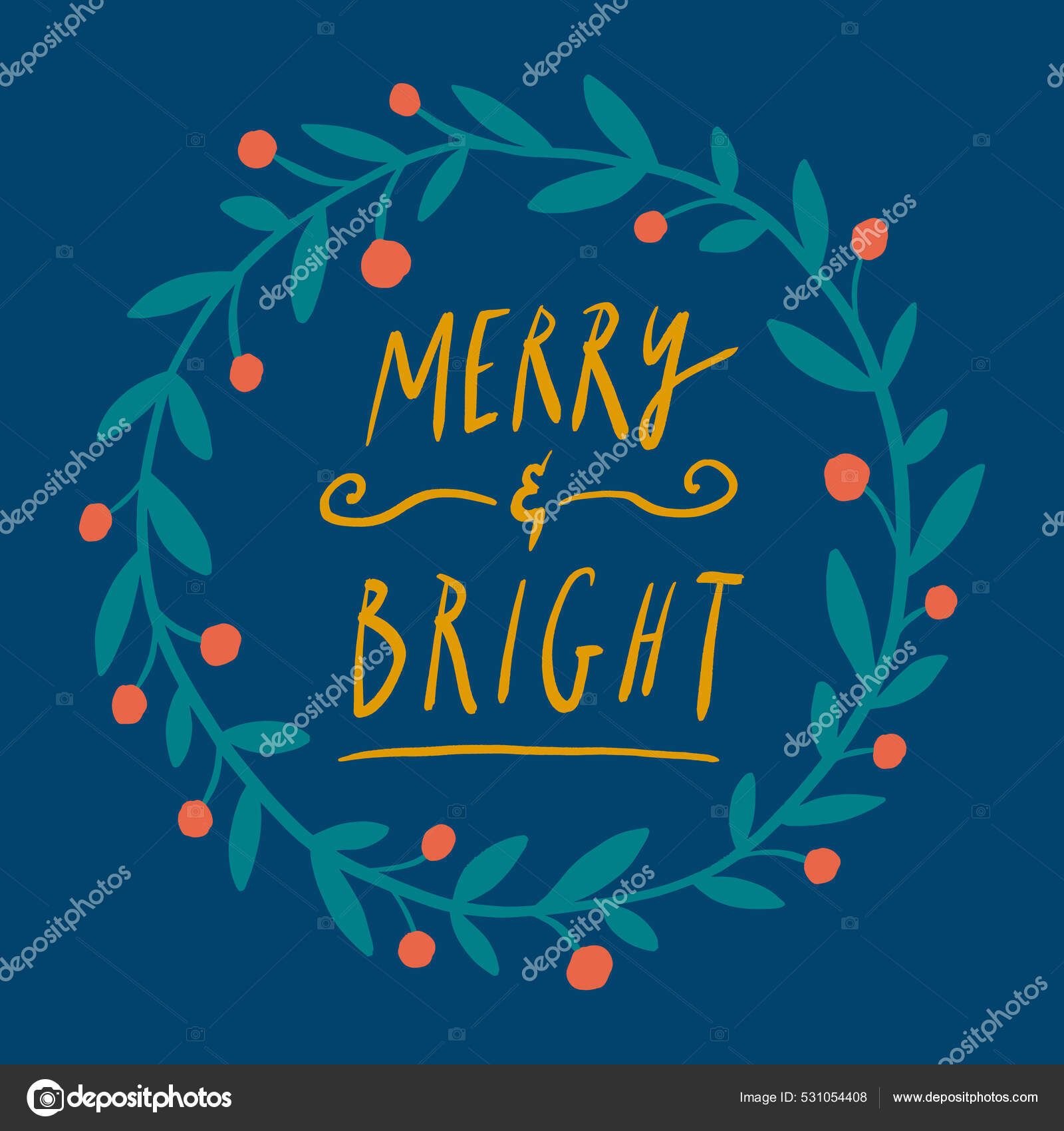 Christmas Postcard With Hand Lettering Merry And Bright Text And