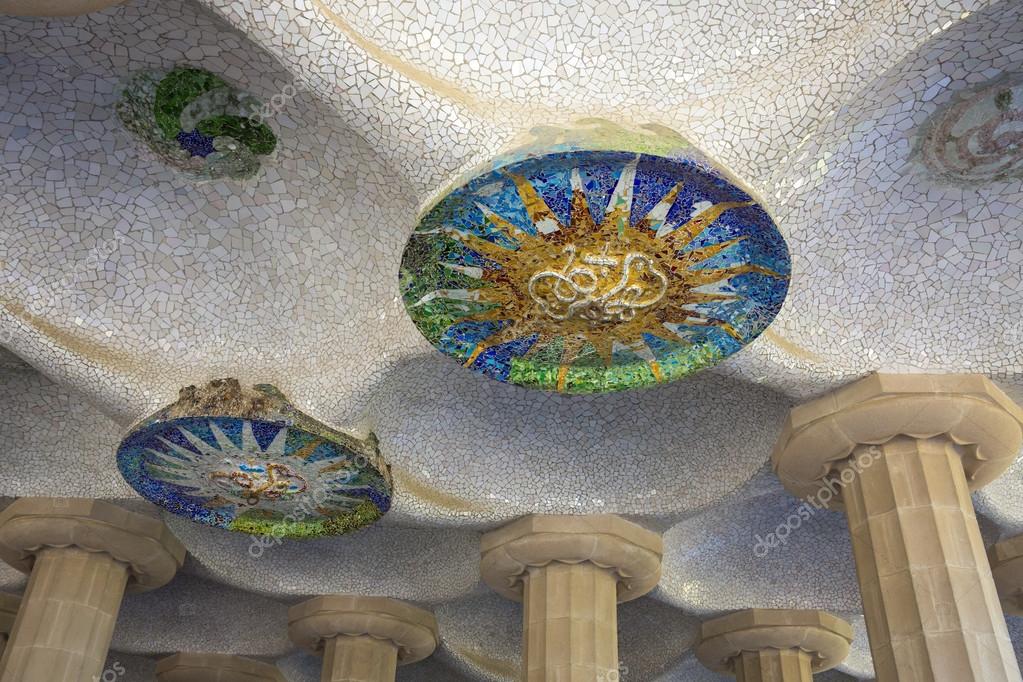 Room of 100 Columns in Gaudi's Parc Guell in Barcelona – Stock ...