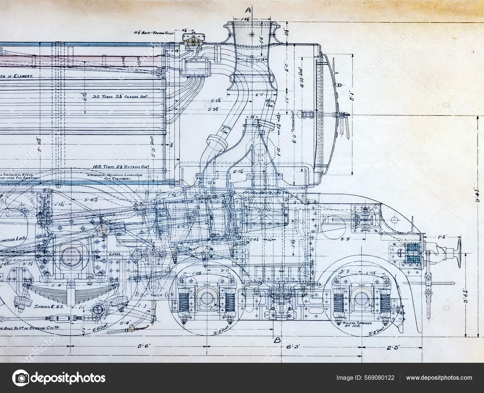 Old Blueprints Early 20Th Century Steam Locomotive Stok İllüstrasyon ...