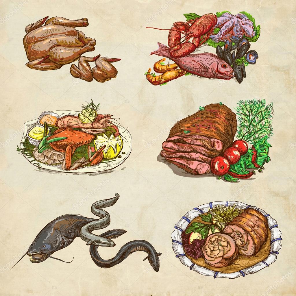 Food around the World, an hand drawn colored illustration — Stock Photo ...