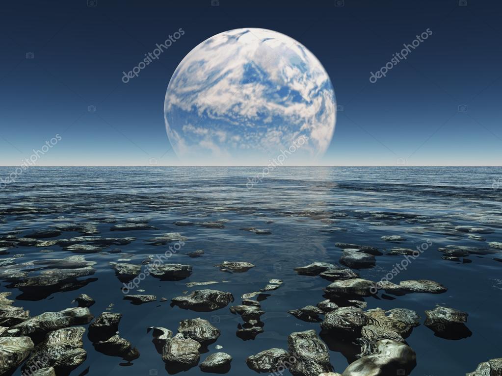 Rocky Watery Landscape with planet or earth with terraformed moo Stock ...