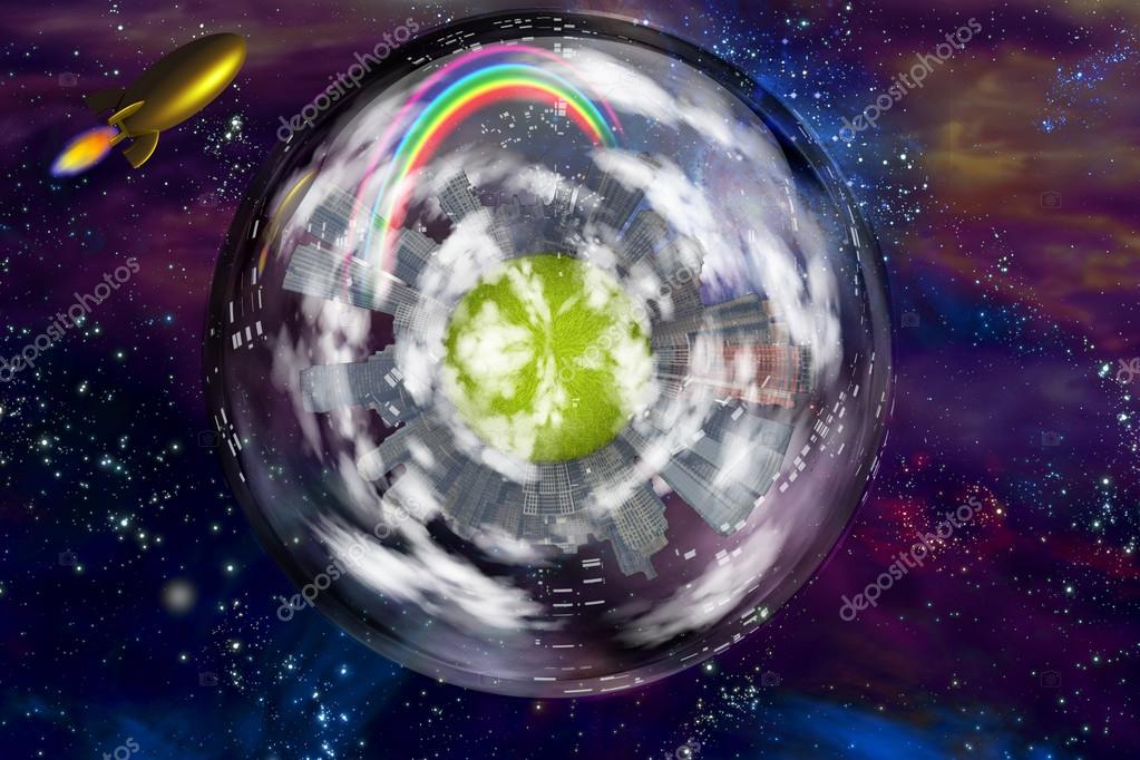 Retro space craft near large interstellar city ship — Stock Photo ...