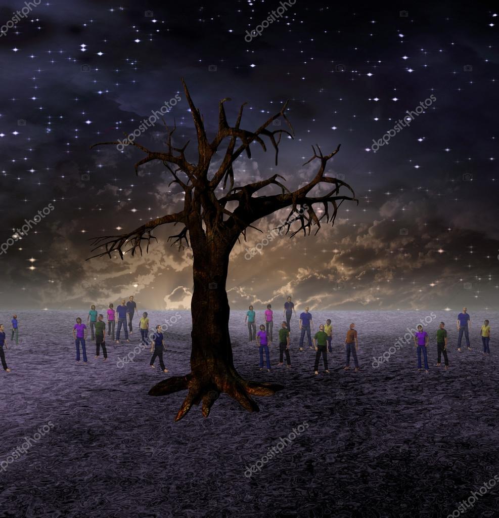 People Gather Around Large Tree on Barren World Stock Photo by ...