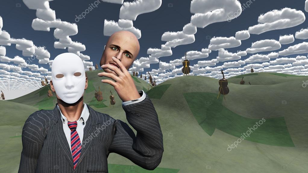 Man removes face to reveal mask underneath in surreal landscape Stock ...