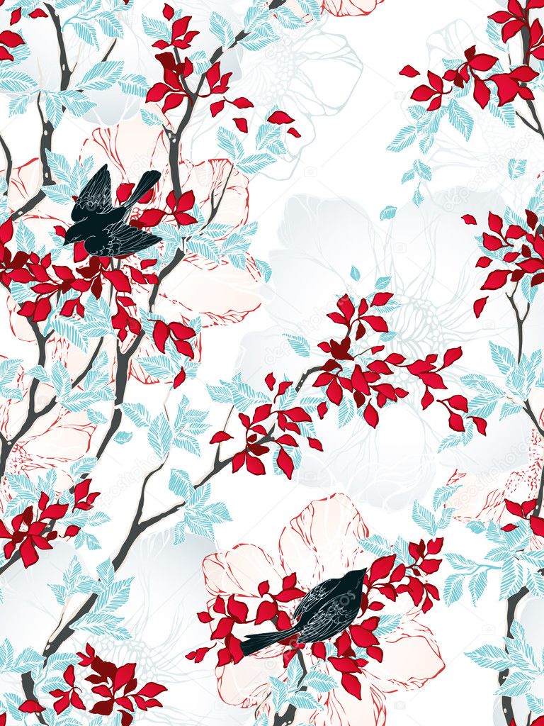Seamless pattern with trees, flowers and birds — Stock Vector ...