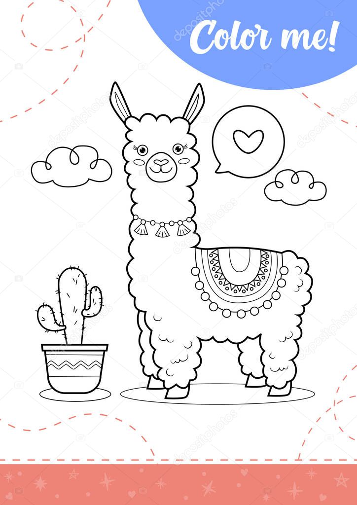 Página para colorear para niños con linda llama de dibujos animados ...