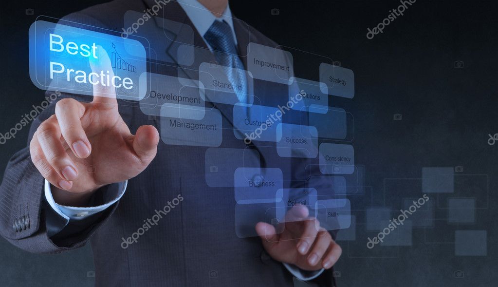 Businessman hand shows best practice word on virtual screen — Stock ...