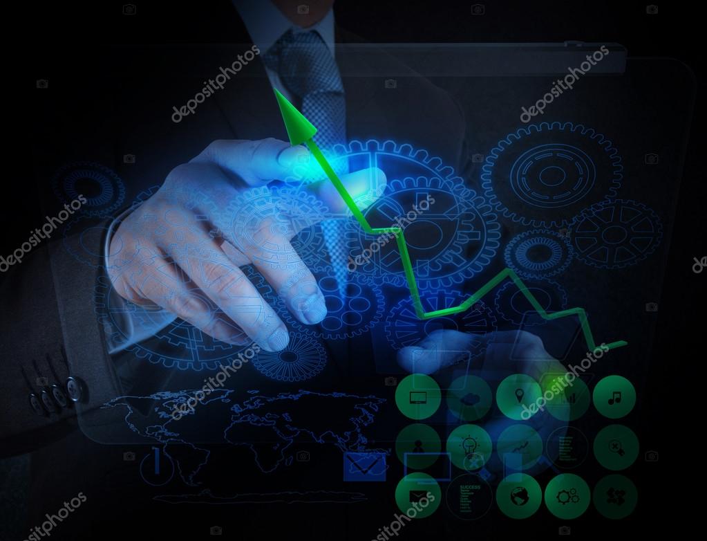Businessman working with blue light gear to success — Stock Photo ...