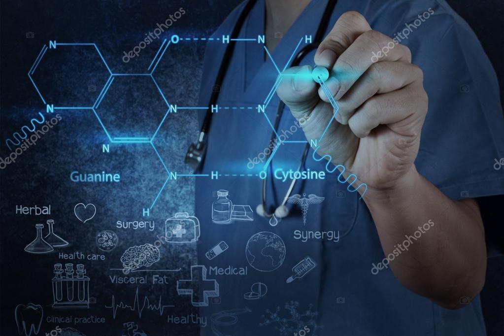 Chemist doctor hand drawing chemical formulas — Stock Photo ...