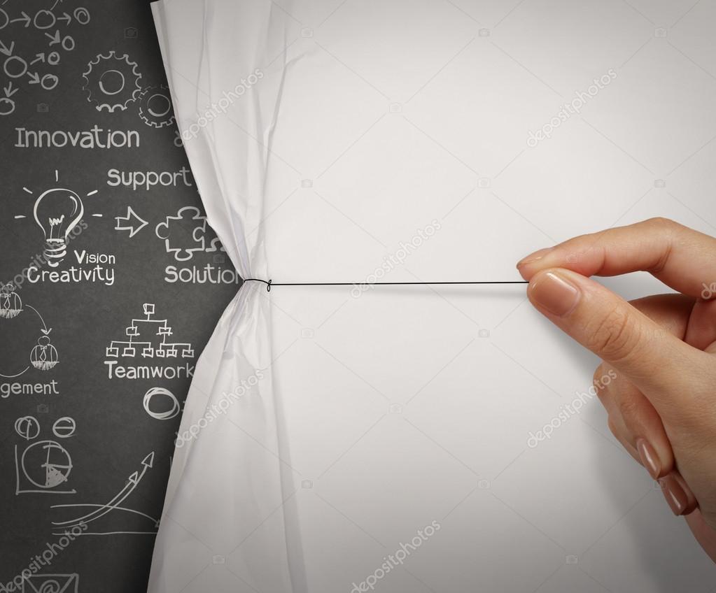 Business hand pull wrinkled paper open show business strategy Stock ...