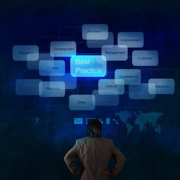 businessman hand looking at best practice word on virtual screen ...