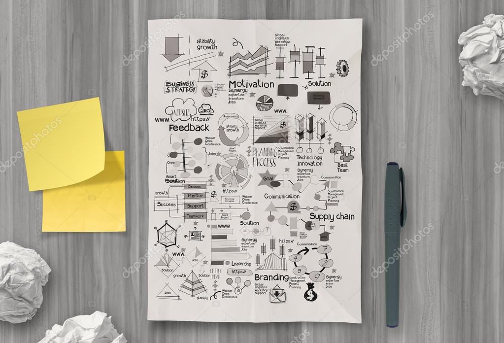 Hand drawn business strategy on crumpled paper background as con Stock ...