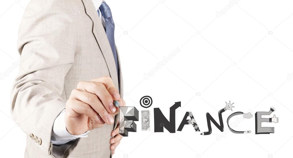 Businessman hand drawing design word FINANCE as concept — Stock Photo ...