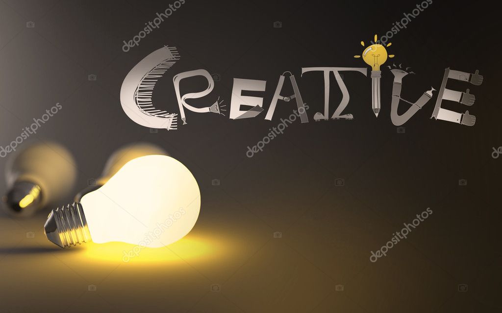 Light bulb 3d and hand drawn graphic design word CREATIVE as co — Stock ...