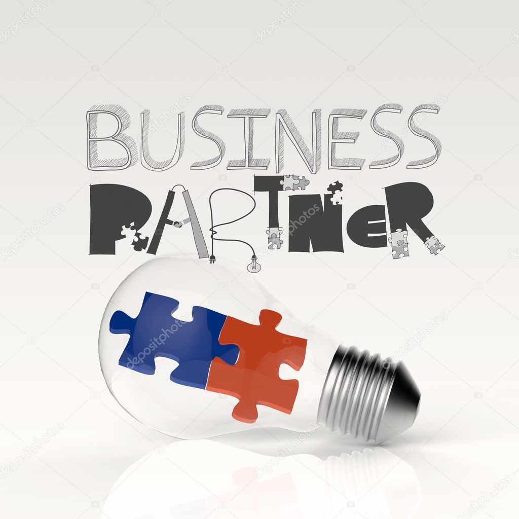 Hand drawn graphic word BUSINESS PARTNER and 3d light bulb puzzl ...