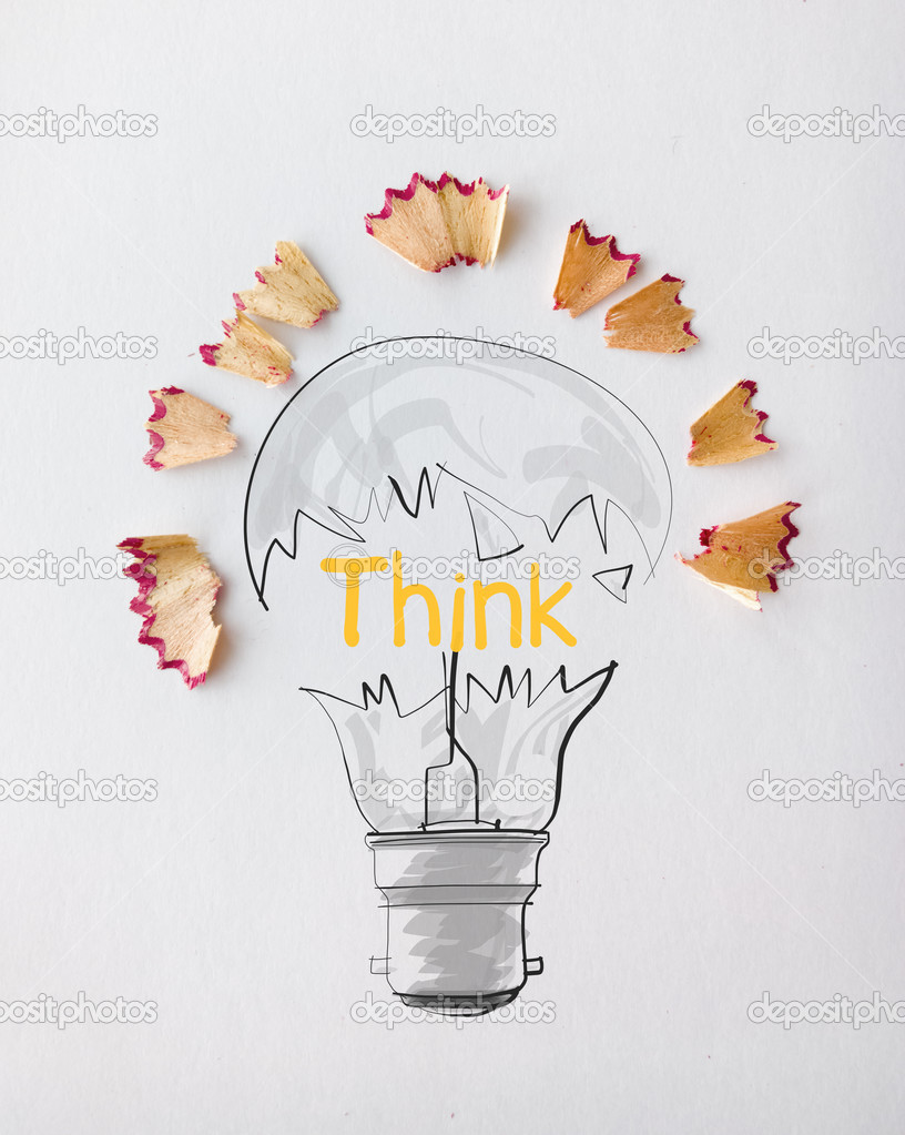 Hand drawn light bulb word design THINK with pencil saw dust on Stock ...
