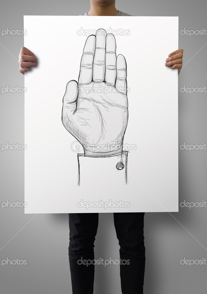 Businessman show poster with drawing of Hand raised as concept Stock ...