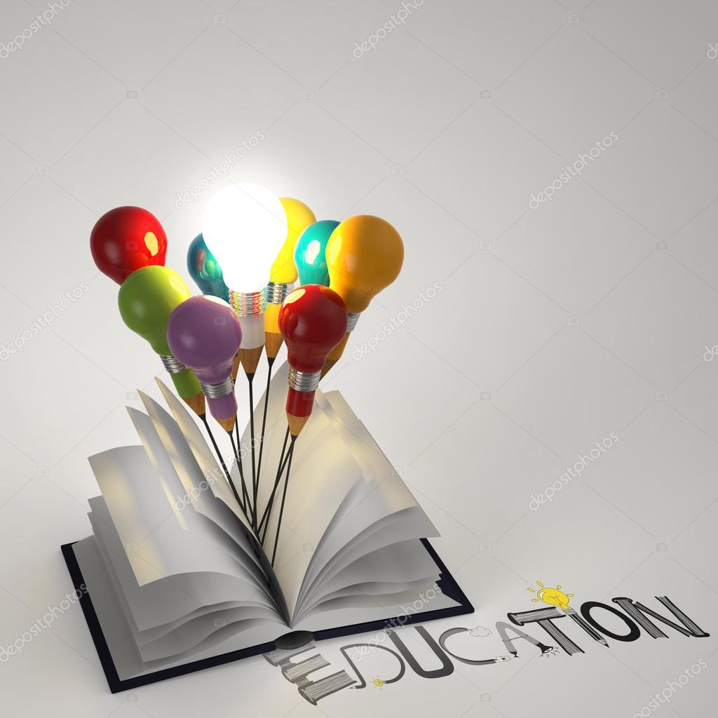 Open book with pencil lightbulb 3d and design word EDUCATION as — Stock ...