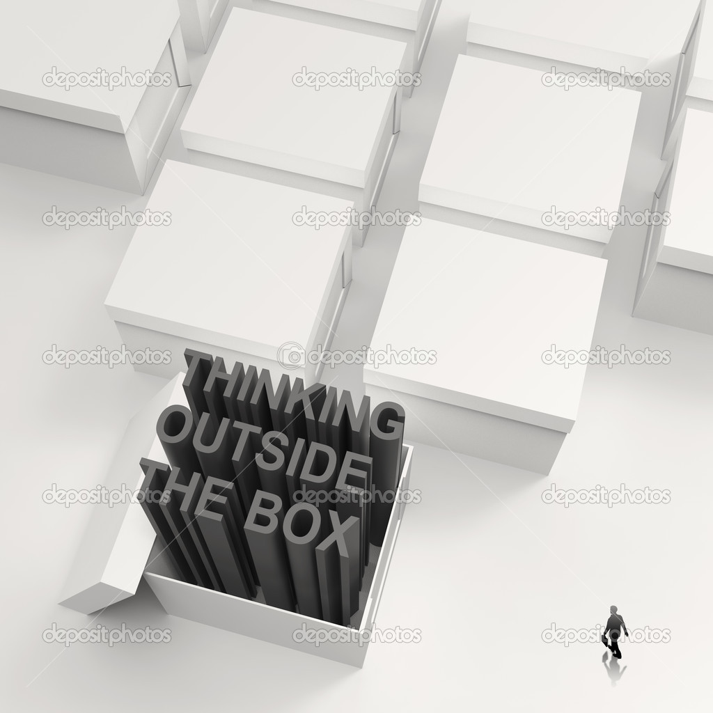 Businessman looking at 3d open box with extrude text as thinking Stock ...