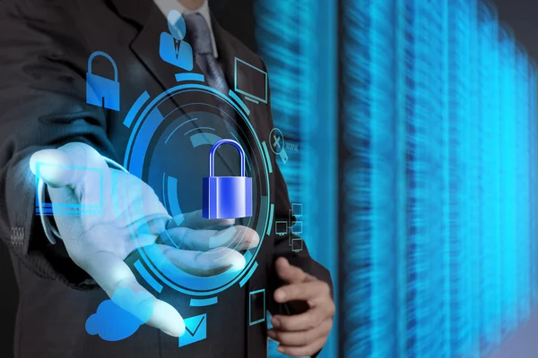 Businessman hand showing 3d padlock on touch screen computer as — Stock ...