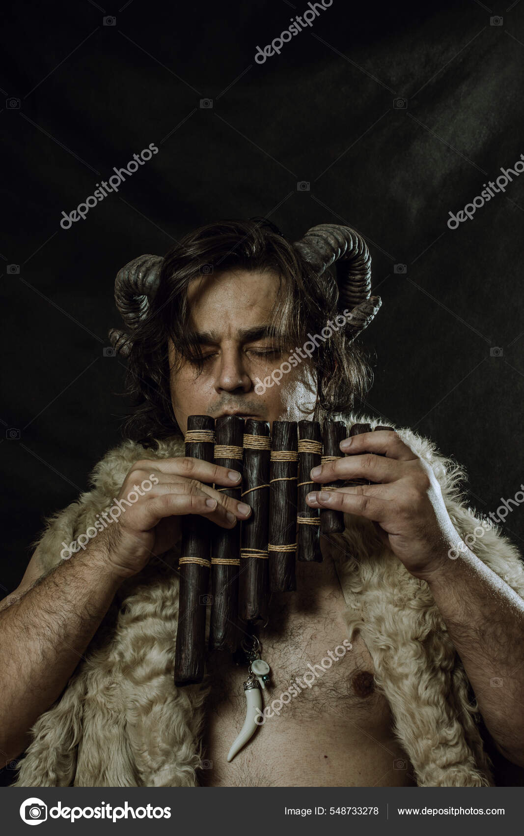 Horned Faun Panflute Posing Dark Background Stock Photo by ©IgorFaun ...
