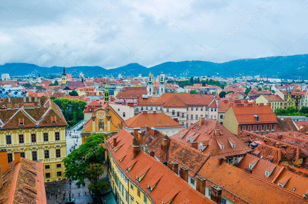 aerial view of the austrian city graz taken from the stairway leading ...