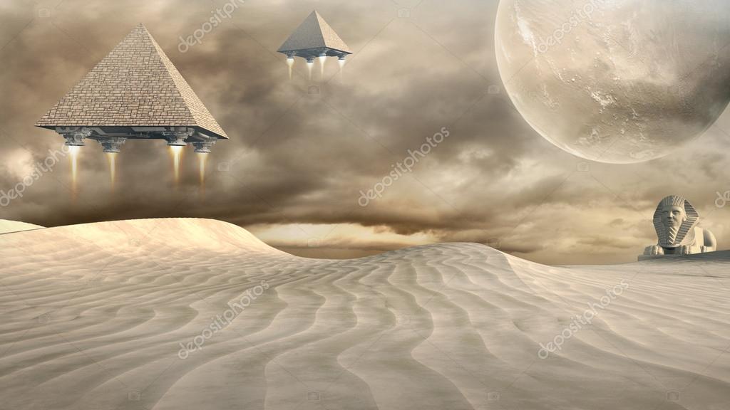 Sphinx and flying pyramids — Stock Photo © mppriv #42395889