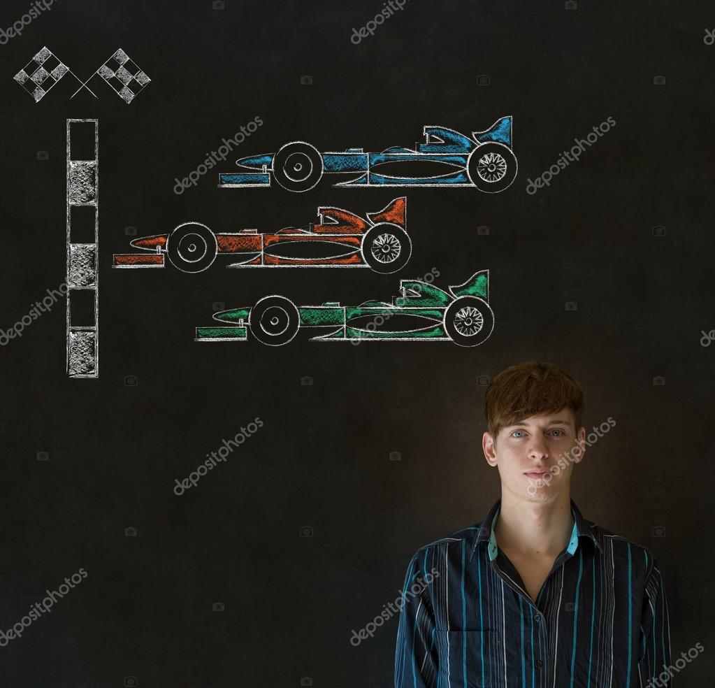 Business man, student or teacher Formula 1 racing car fan on blackboard ...