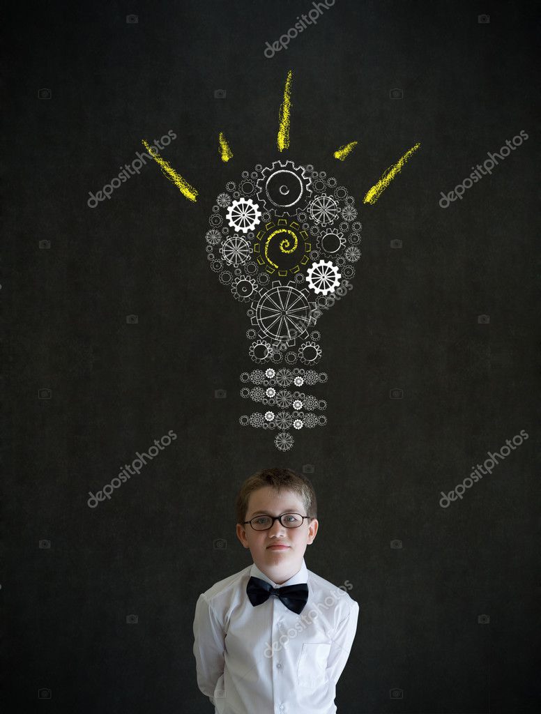 Thinking boy dressed as business man with bright idea gear cog ...