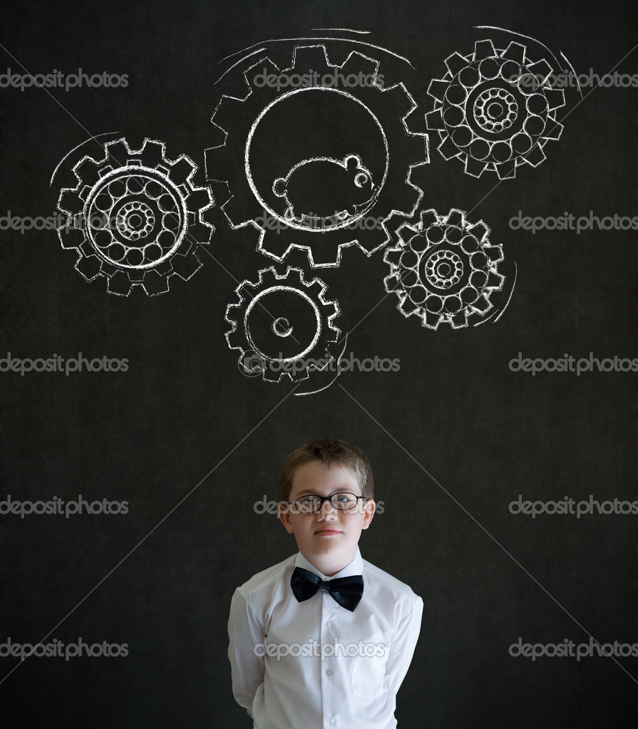 Thinking boy dressed as business man with chalk turning gear cogs and ...